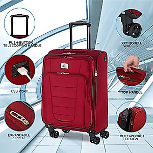 Verdi Travel Carry On Luggage with Spinner Wheels Softshell Lightweight Expandable 20 Inch Suitcase with USB Charging Port and 8-wheel Spinners Carryon Bag