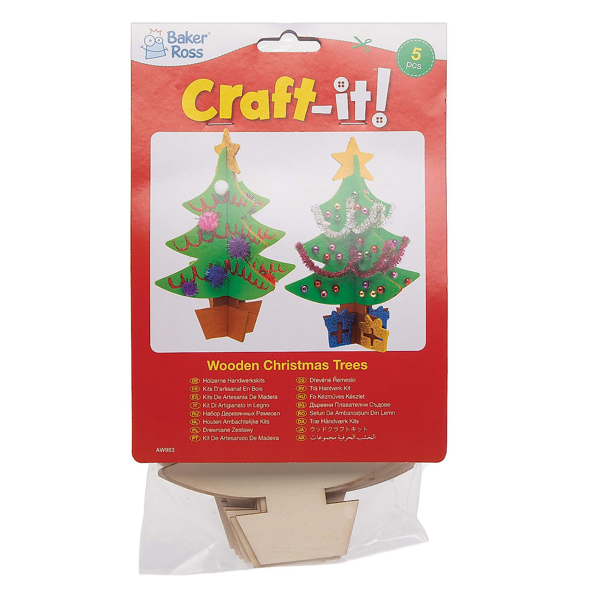 Baker Ross AW983 Wooden 3D Christmas Trees Kit - Pack of 5, Festive Arts and Crafts