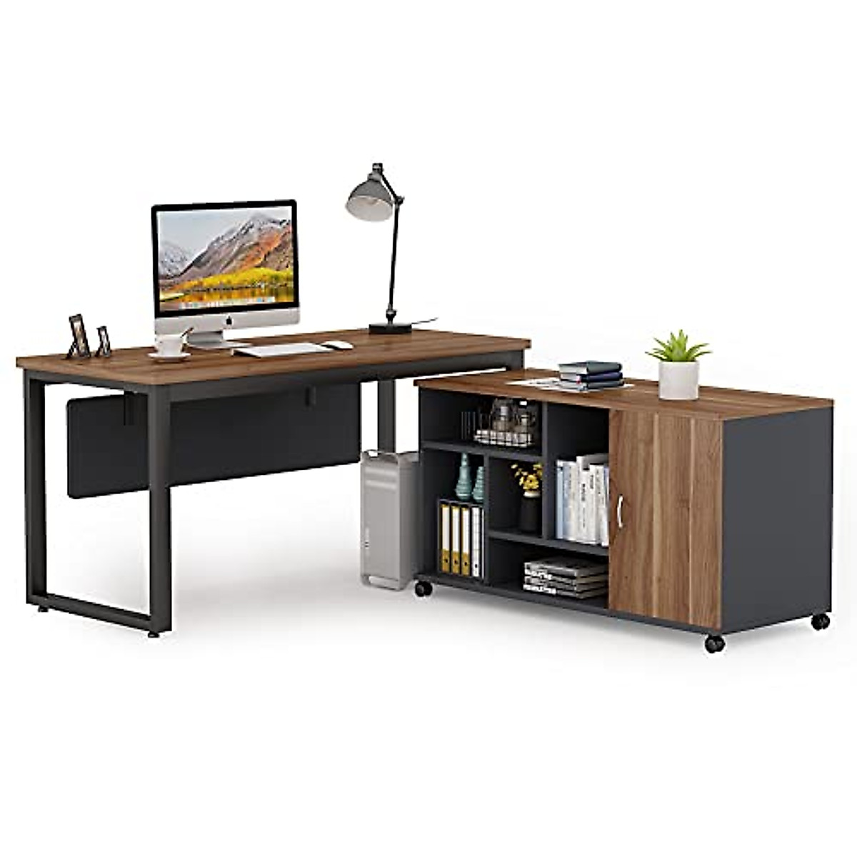 Tribesigns L Shaped Executive Desk, 55-Inch Office Computer Desk with 47 Inch Lateral File Cabinet, Rustic Business Furniture Workstation with Storage Shelves for Home Office