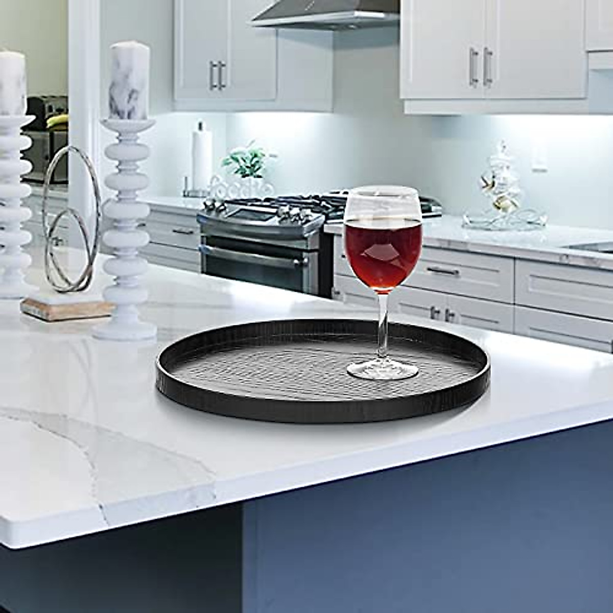 Round Solid Wood Serving Tray Large Tea Coffee Table Snack Food Meals Serving Plate Non-Slip Kitchen Party Bar Server Breakfast Tray with Raised Edges (13inch/33cm) Black