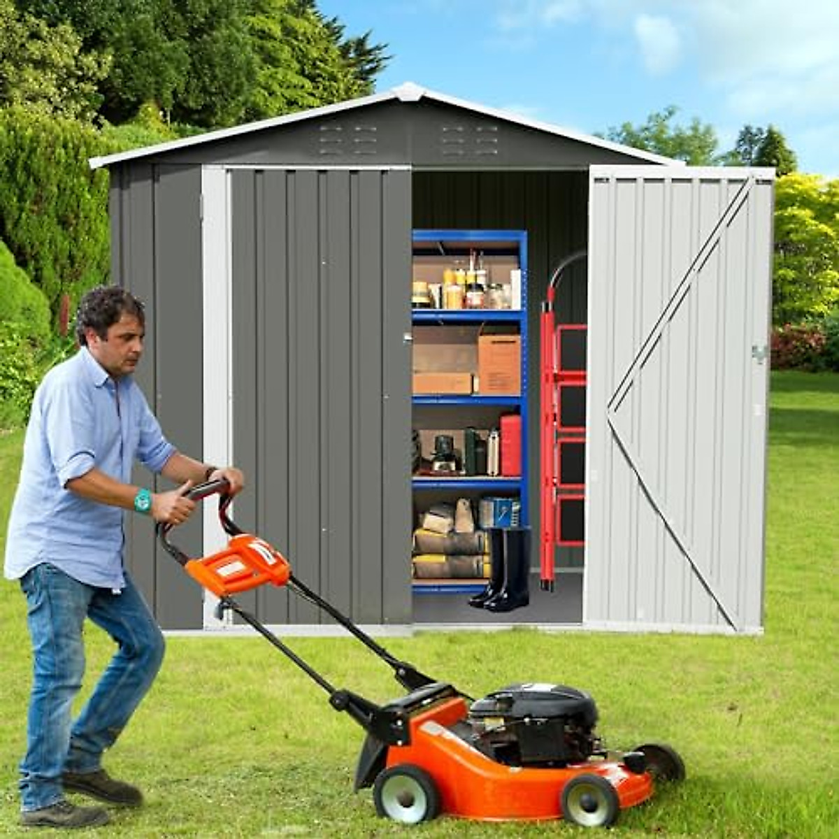 Outdoor Storage Shed 7×4.2 FT with Lockable Doors, Heavy Duty Galvanized Metal Garden Shed with Air Vent, Tool Sheds Storage House for Backyard Garden Patio Lawn-Dark Gray