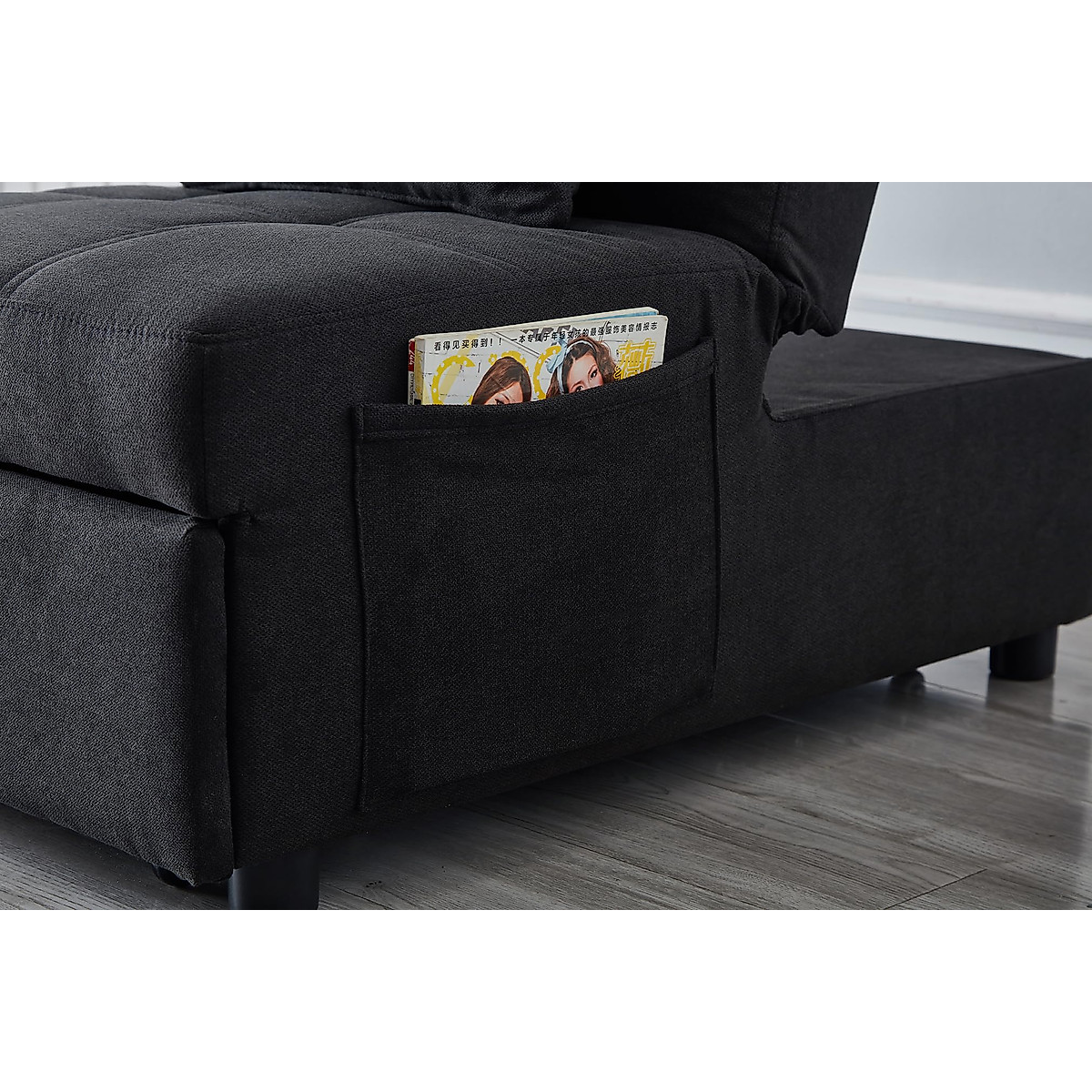 Pull Out Sleeper Chair Ottoman Bed Comfy Convertible Chair Bed Linen Fabric Futon with Storage Pocket Single Sofa Bed Small Recliners for Small Spaces Living Room Bedroom Apartment, Black