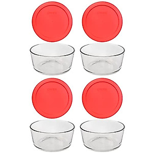Pyrex Storage 4-Cup Round Dish with Red Plastic Cover, Clear (Case of 4 Containers), 4 pack
