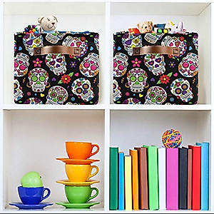 AGONA Large Foldable Storage Bin Colorful Dead Sugar Skull Storage Bins Collapsible Decorative Fabric Storage Baskets with Leather Handles for Home Closet Bedroom Organizer Nursery 1 Pack