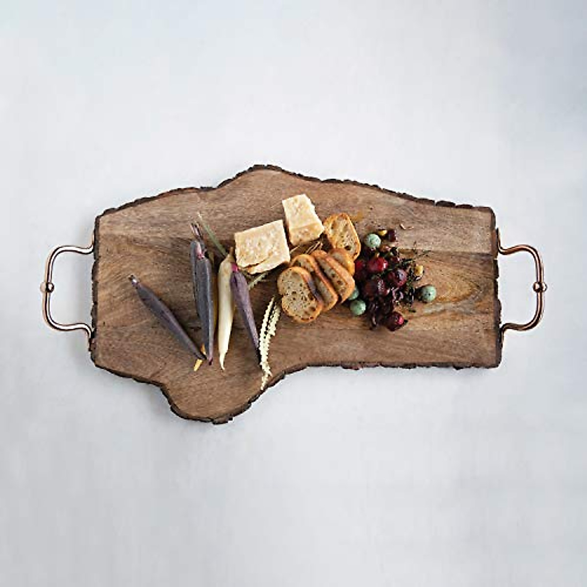 Creative Co-Op Mango Live Edge Wood Slab Serving Tray with Copper Finish Handles Cutting Board, 24" x 12.5", Natural