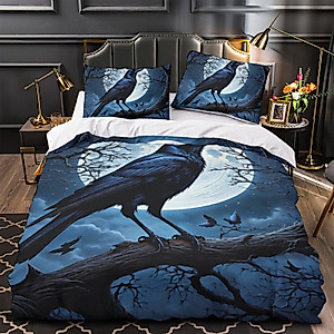 EVMILA Gothic Crow 3D Print Eerie Night for Boys Girls Quilt Cover Comforter Covers Duvet Cover Soft Microfiber with Zipper Closure with Pillow Cases Bedding Set 3 Pieces Twin（173x218cm）