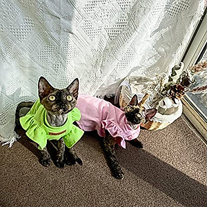 Shirts for Sphynx Cats Summer Breathable Solid Color Cotton Shirts Round Collar Pullover Kitten Shirts with Flared Sleeves Pet Clothes for Cat (Green, L（6.6-8.8lbs）)