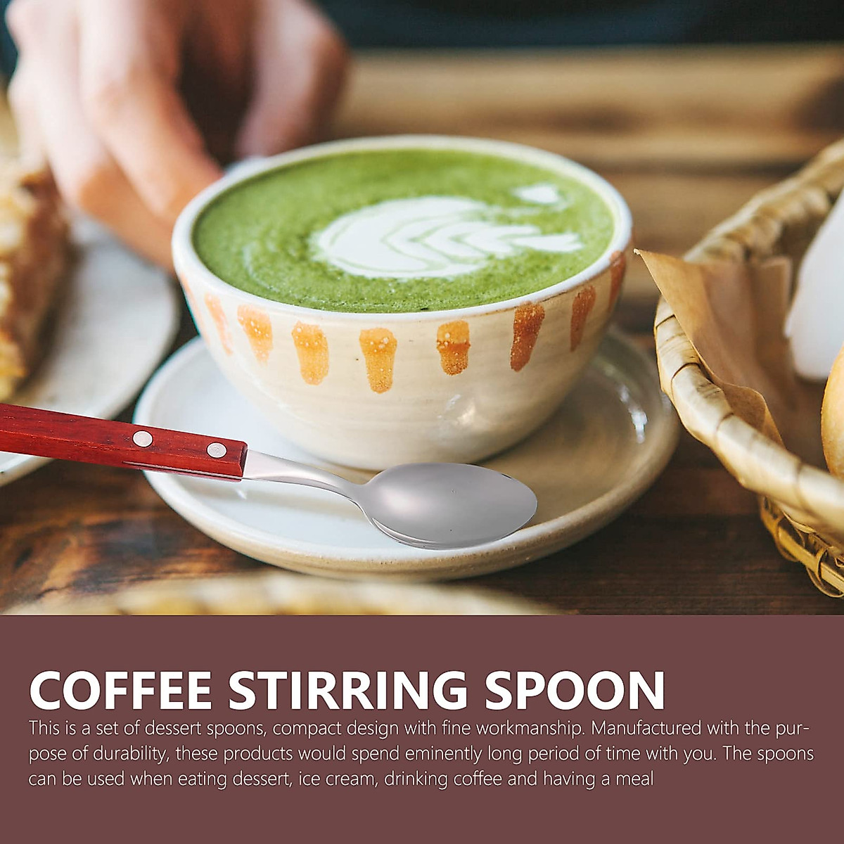 Hemoton 5pcs Stainless Steel Coffee Spoons Wood Handle Tea Spoons Dessert Ice Cream Cake Tasting Spoon Dinner Spoon for Home Kitchen Restaurant