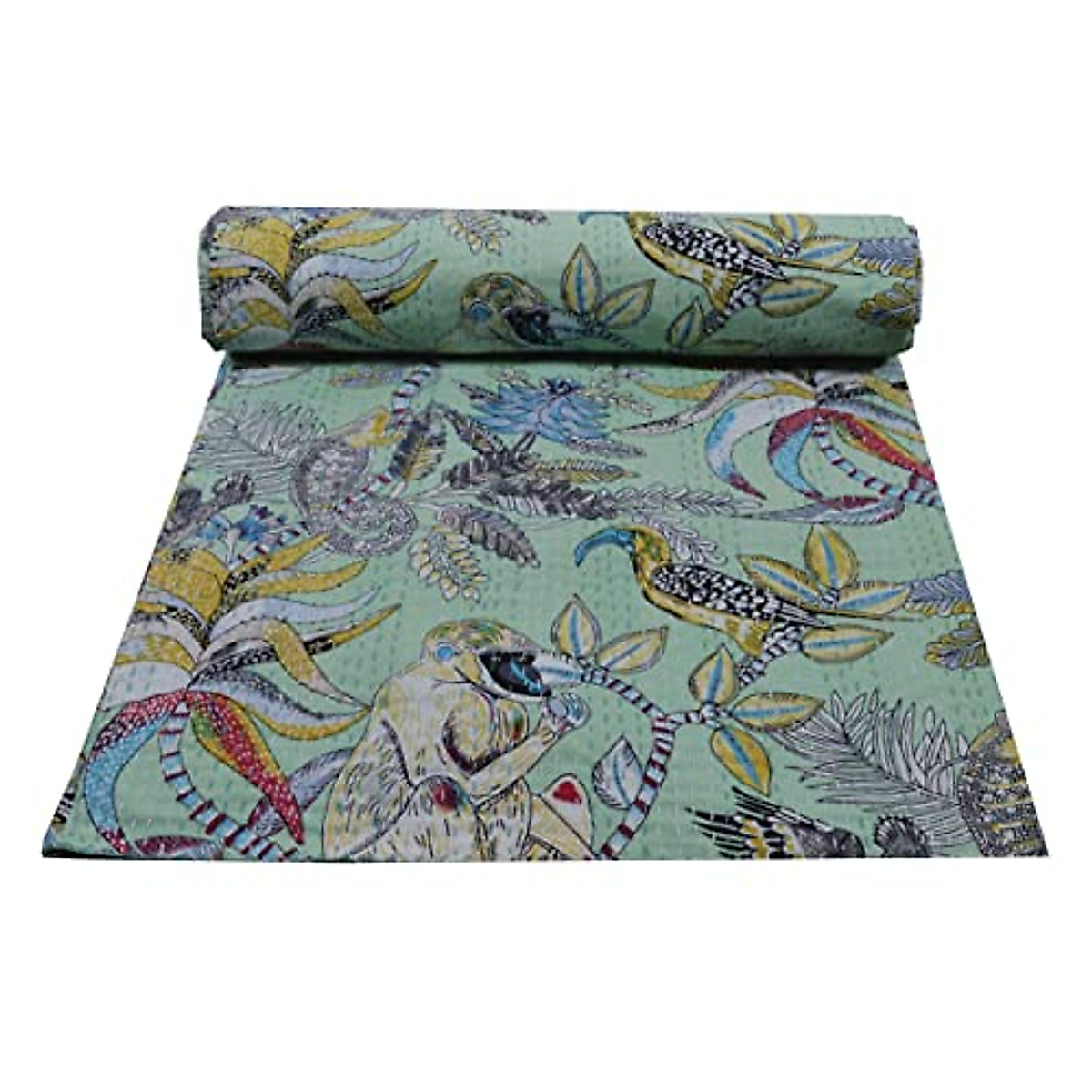 Twin Size Kantha Quilt, Indian Kantha Quilt, Cotton Blanket, Handmade Bedspread, Hand Block Print, 100% Cotton Bedspread Blanket Throw