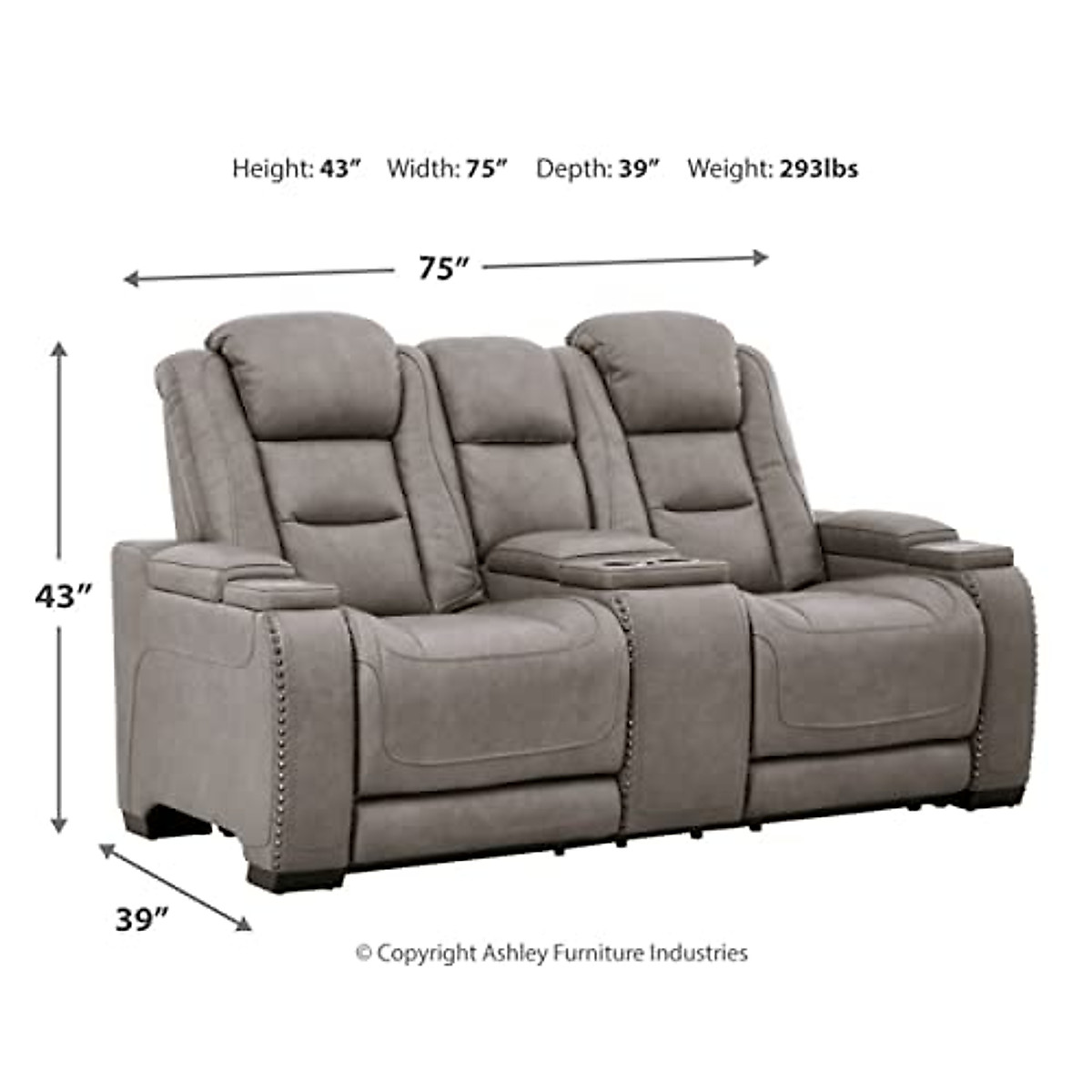 Signature Design by Ashley The Man-Den Leather Power Reclining Loveseat with Center Console, Adjustable Headrest & Wireless Charging, Gray