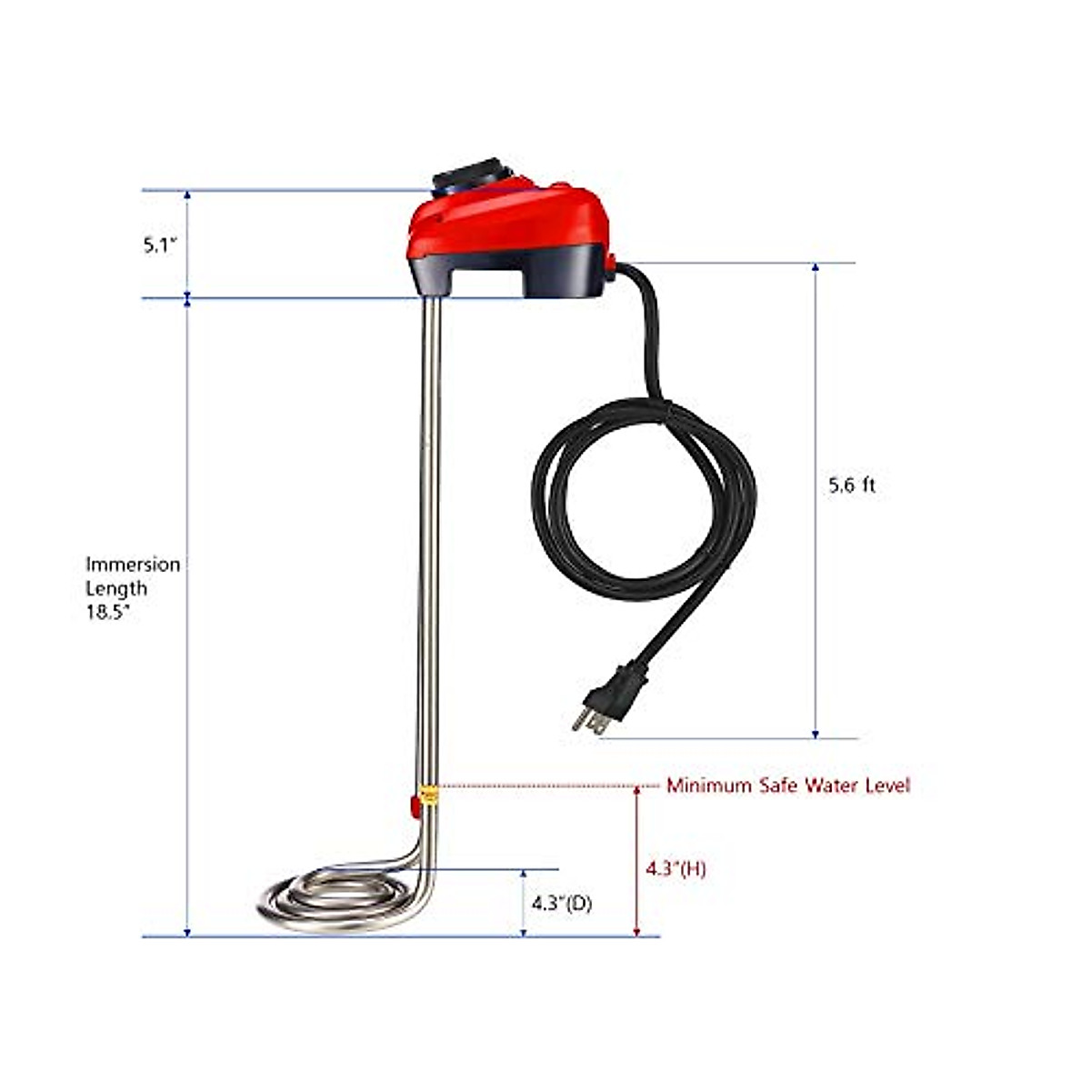 KD 1300W Immersion Bucket Water Heater, Auto Shutoff, Overheating Prevention, Auto Water Level Senor, Adjustable Thermostat, Easy-to-Use (RED / 1300 WATT)