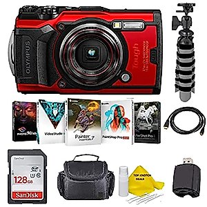 Olympus Tough TG-6 Waterproof Camera (Red) - Top KnotchBundle + Sandisk 128GB Ultra Memory Card + Padded Case + Flex Tripod + Photo Software Suite + More