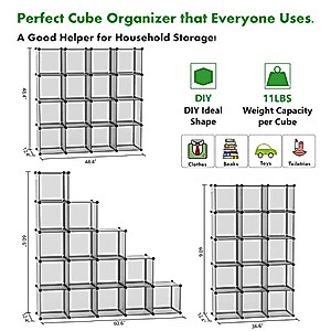 C&AHOME Cube Storage Organizer, 16-Cube Shelves Units, Closet Cabinet, DIY Plastic Modular Book Shelf, Ideal for Bedroom, Living Room, Office, 48.4" L x 12.4" W x 48.4" H Grey UPCS16G