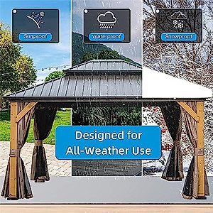 RITSU 12'x14' Gazebo, Hardtop Cedar Wood Frame Outdoor Canopy with Galvanized Steel Double Roof, Outdoor Permanent Metal Pavilion with Curtains and Netting for Patio, Backyard and Lawn, Brown