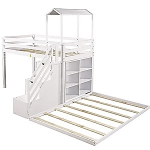 Harper & Bright Designs Twin Over Full Bunk Bed, Wood House Roof Bunk Bed Frame with Staircase and Shelves, Bedroom Furniture (White, Twin/Full)
