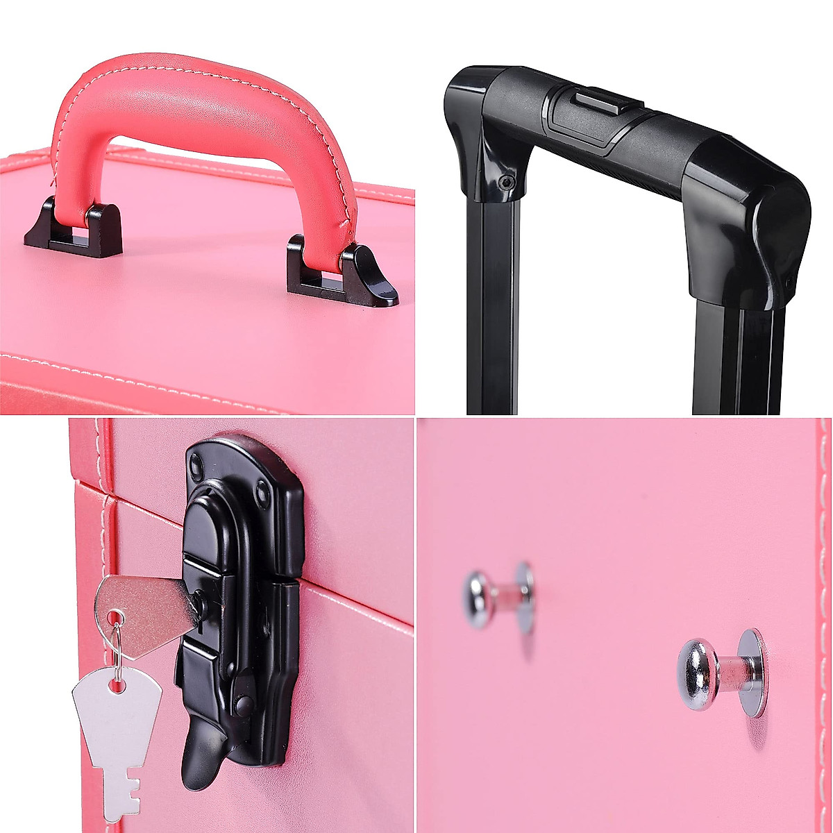 Pink Rolling Makeup Case with Mirror Light Pro Large Cosmetic Artists Hair Stylist Barber Organized Trolley Lockable