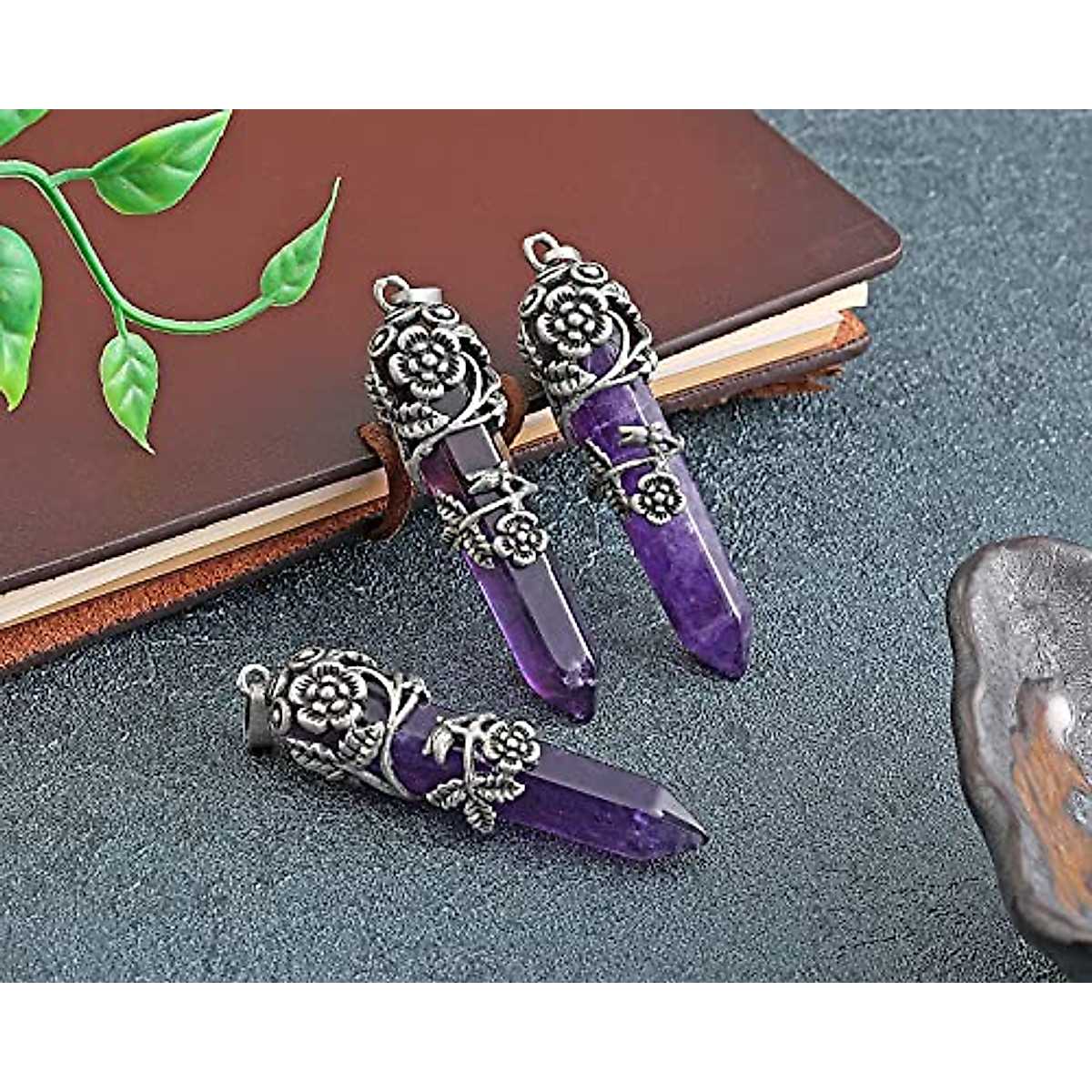 Top Plaza Bundle - 2 Items: Natural Crystal Amethyst Antique Silver Flower Necklace & Tree of Life Wire Wrapped Heart Shape Stone Pendant Necklace