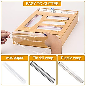 Plastic Wrap Dispenser with Cutter and Ziplock Bag organizer, TITETE 6 IN 1 Bamboo Foil and Wrap Dispenser with Cutter for Kitchen Drawer, for Gallon, Quart, Sandwich and Snack, 12" Kitchen Rolls