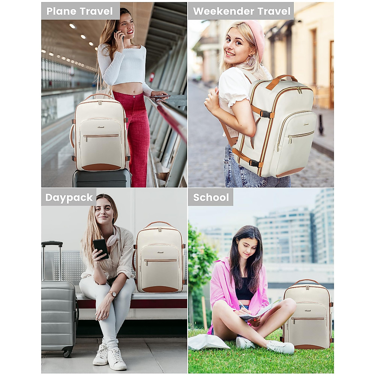 LOVEVOOK Travel Backpack for Women Men as Personal Item Flight Approved, 40L Luggage Carry On Backpack,17.3inch Large Daypack Laptop Backpack Waterproof Outdoor Sports with 3 Packing Cubes,Beige-Brown