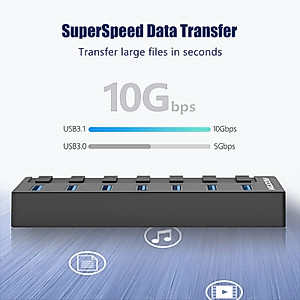 Powered USB 3.1/3.2 Hub, VANOTOM 7-Port Charging USB 3.1/3.2 Gen 2 Hub, Superspeed USB Splitter up to 10Gbps with Power Adapter and Individual On/Off Switches for PC and Laptop