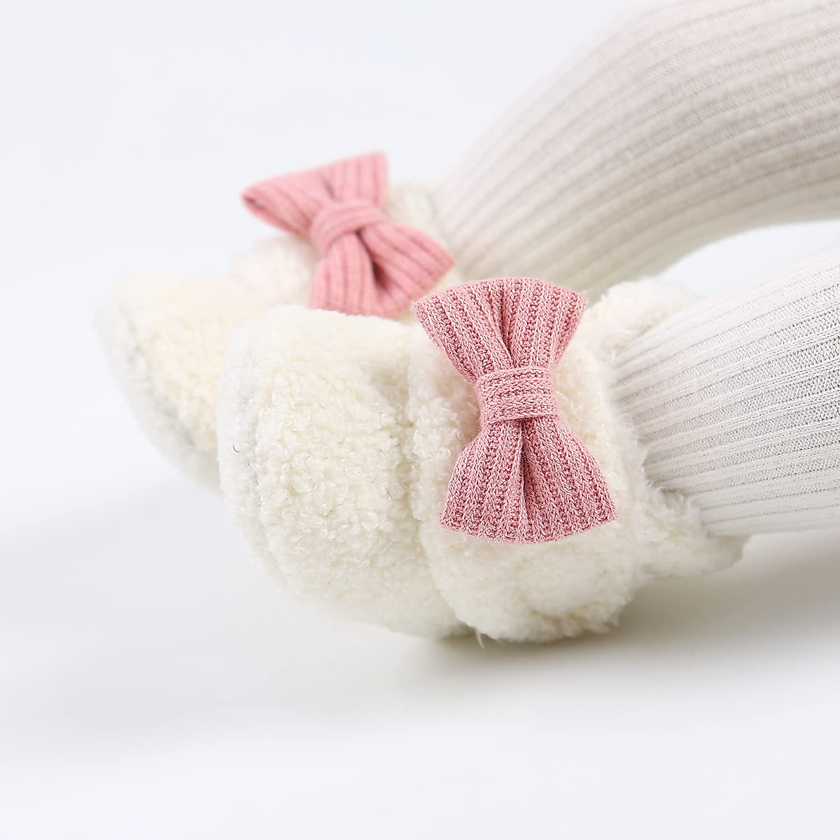Ohwawadi Baby Girl Bow Booties Cozy Fleece Infant Baby Slippers Soft Warm Socks Shoes Newborn Crib Shoes White 6-12 Months