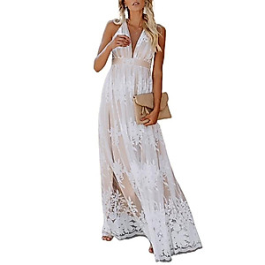 Dokotoo Womens Sexy V Neck Sleeveless Spaghetti Straps Elegant Embroidered High Slit Sheer Mesh Dresses Backless Maxi Long Formal Evening Party Prom Dress Bridesmaid Wedding Guest Dresses White M
