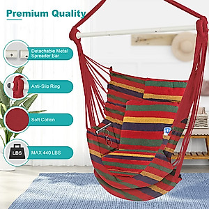 Outerman Hammock Chair, Hanging Chair with 3 Cushions and Foot Rest Support, Durable Metal Spreader Bar Max 440 Lbs, Swing Chair for Bedroom, Indoor & Outdoor, Patio, Porch or Tree（Red）