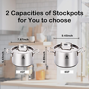 Stainless Steel Stockpot 8-Quart,Classic Deep Cooking Pot Canning Cookware with Stainless Steel Lid,3-Ply Cooking Stock Pot,Oven and Dishwasher Safe, Compatible with Induction, Ceramic, Gas Stove