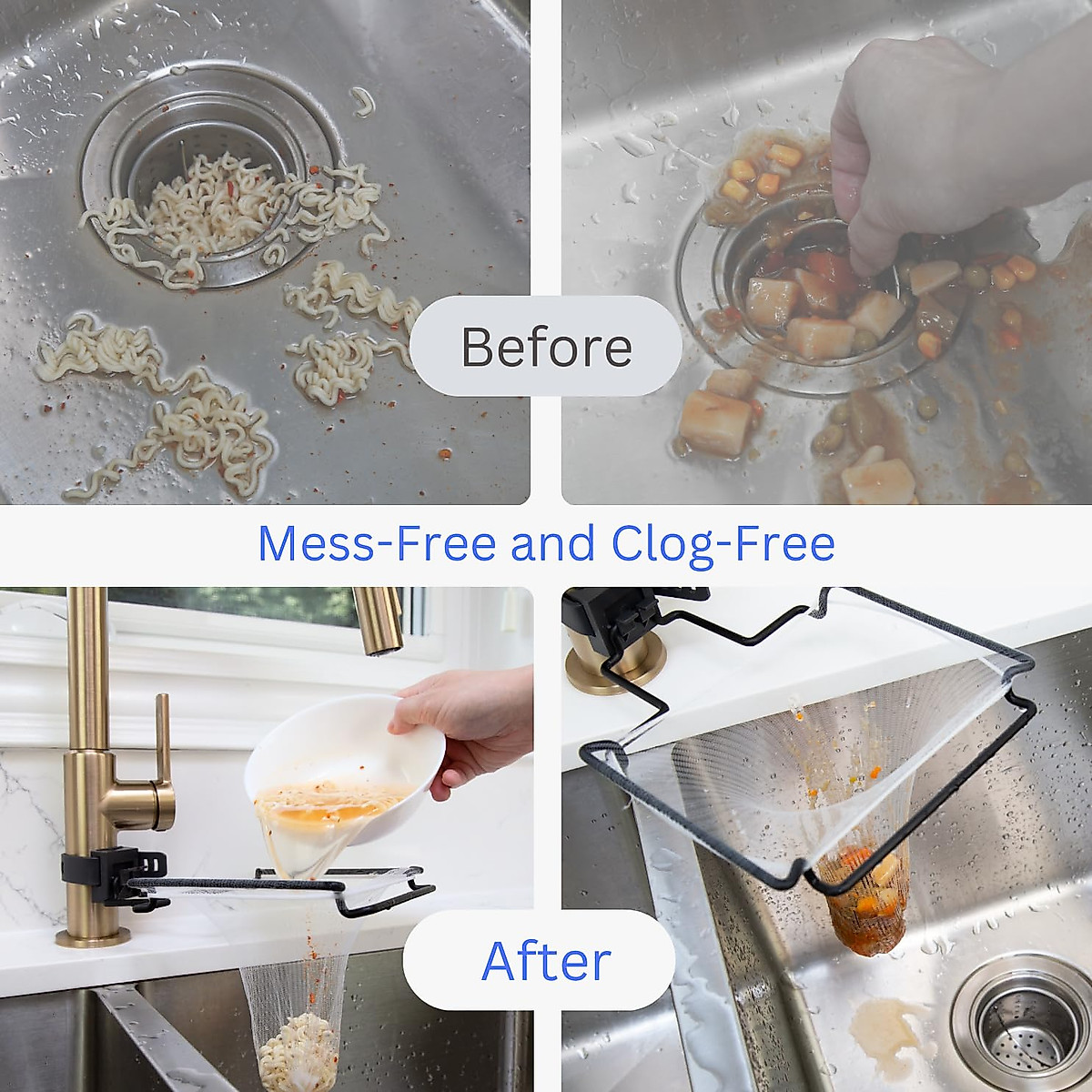 Homponent Kitchen Sink Drain Basket Food Catcher, Clog-Free, Mess-Free Drain Strainer Basket. Comes with 50 Pcs Disposal Filtering Mesh Bags for Kitchen Food Leftover.
