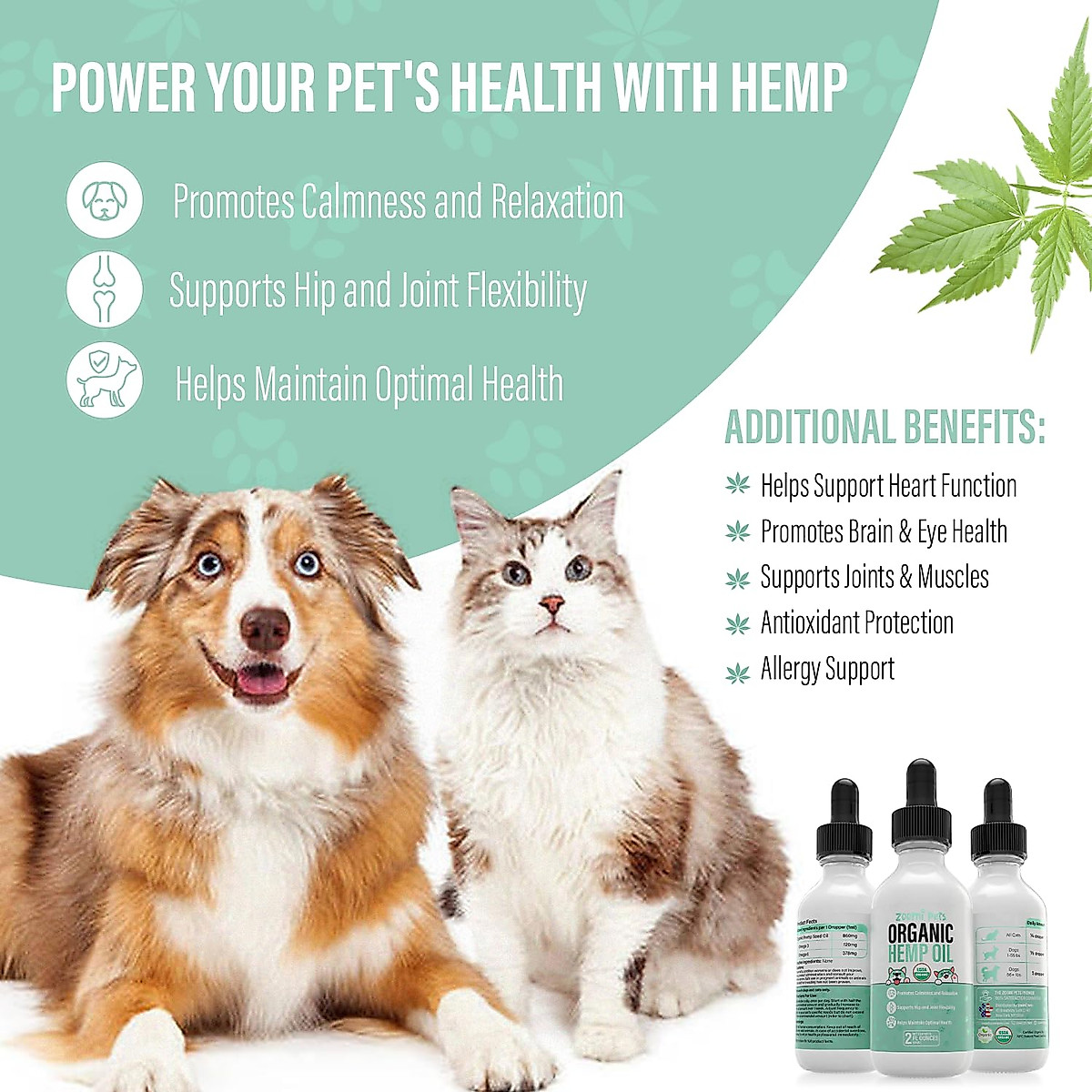 Zoomi Pets Calming Organic Hemp Oil for Dogs and Cats - Hemp Oil Drops with Omega Fatty Acids - Hip and Joint Support, Skin and Coat Health and Allergy Relief - Helps with Anxiety, Stress and Pain