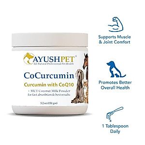 Ayush Pet CoCurcumin with Coq10, Muscle and Joint Pet Superfood Powder, Heart and Digestion Support, Small or Large Animals, Young and Senior Pet Supplement by Ayush Herbs, 5.2 Ounces