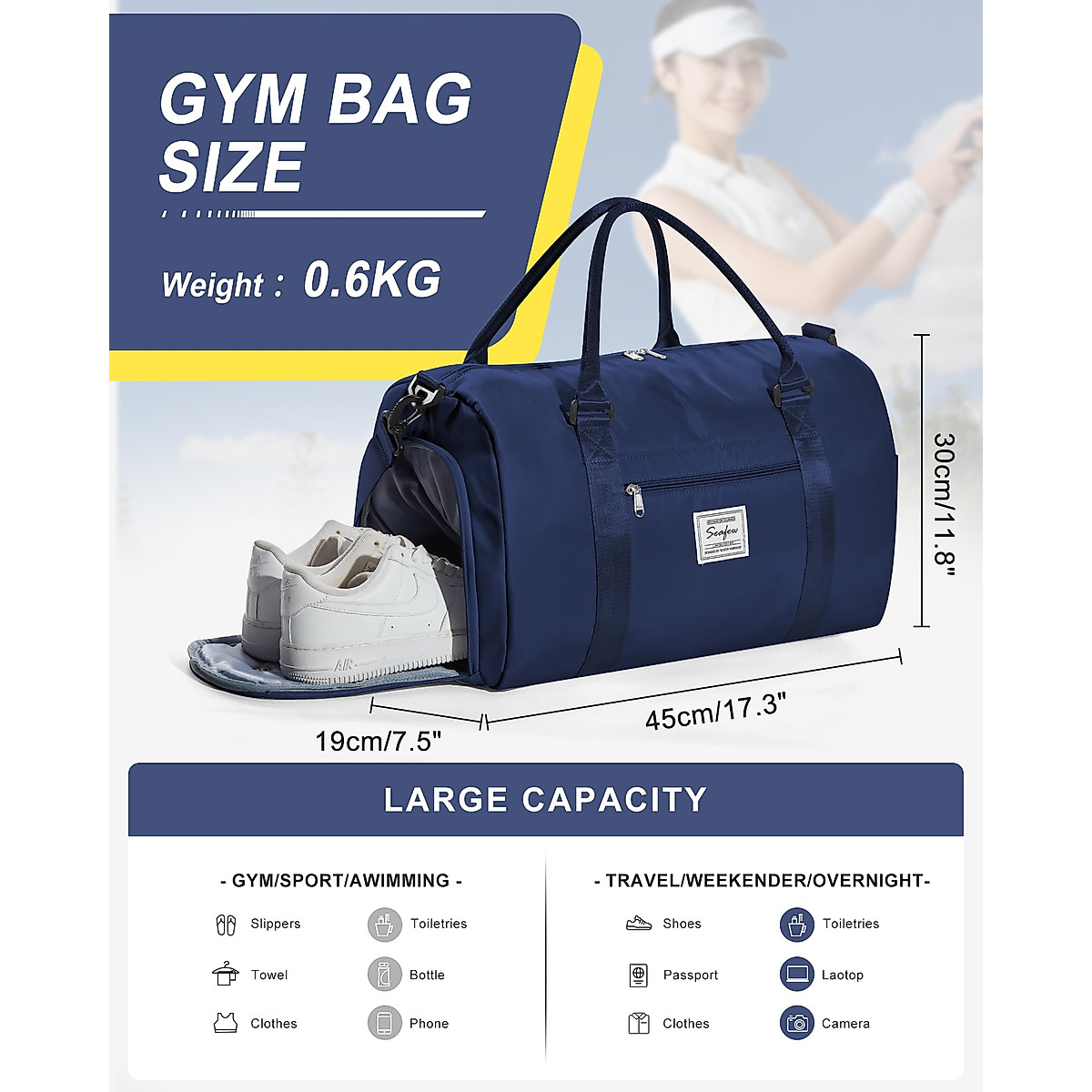 Gym Bag Womens Mens with Shoes Compartment and Wet Pocket Travel Duffel Bag for Women for Plane Sport Gym Tote Bags Swimming Yoga Waterproof Weekend Overnight Bag Carry on Bag Hospital Holdalls