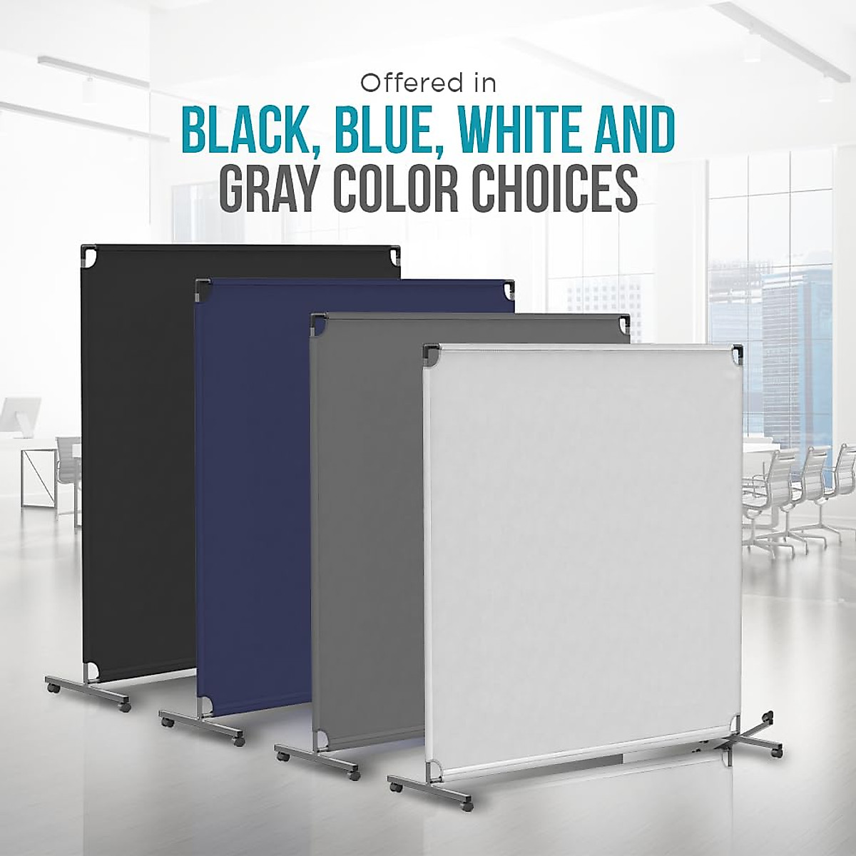 Steel-AID 60-inch Rolling Privacy Room Divider - Freestanding Office Wall Partition with Non See-Through Blackout Screen - Sturdy & Durable Iron Frame - Rolling Wheels - Black, White, Gray & Blue