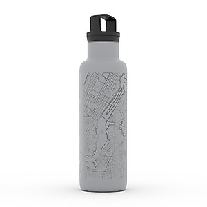 Well Told Engraved New York City Map Insulated Water Bottle, Etched Stainless Steel Bottle (21 oz, Dockside Gray) City Map Insulated Bottle, Custom Insulated Water Bottle, Outdoor Drinkware