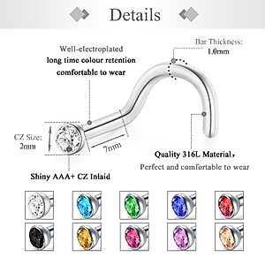 Zolure 18g 20g 22g Nose Rings Nose Studs Surgical Stainless Steel Screw L Shaped Pin Bone Nose Nostrial Piercing Jewerly for Women Men