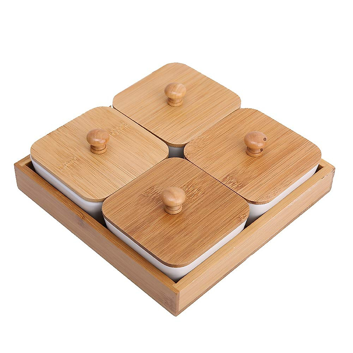Ceramic Appetizer Serving Plate with Bamboo Tray Cover Snacks Tray fit for Wide Variety of Desktop Decoration(Four compartments with Cover)