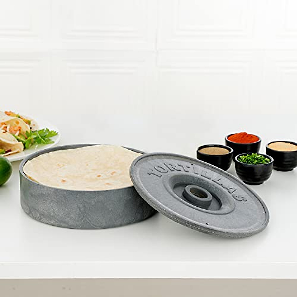 Restaurantware 8.5 x 2.3 Inch Tortilla Warmer 1 Microwavable Tortilla Holder - Lid Included Insulated Gray Plastic Tortilla Keeper Tortilla Server For Homes and Restaurants Durable