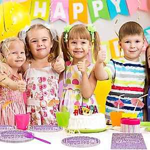 Juhap 80 Pieces Purple Birthday Tableware Set for Happy Birthday Table Decorations Purple Theme Birthday Dessert Plates Napkins Forks for 20 Guests Girls Women Silver Glitter Birthday Party Supplies