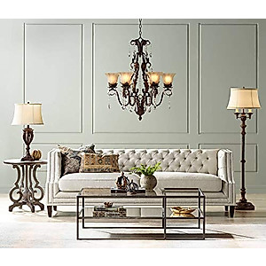 Regency Hill Iron Leaf Roman Bronze Chandelier Lighting 29" Wide Crystal Cream Glass Shade 6-Light Fixture for Dining Room House Foyer Entryway Kitchen Bedroom Living Room High Ceilings