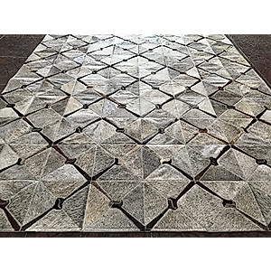 Modern Carpet Hand Woven Natural Cowhide Hair on Patch Work Leather Room Size Beautiful for Living Room C0154M (9'SQ, Grey/Brown)