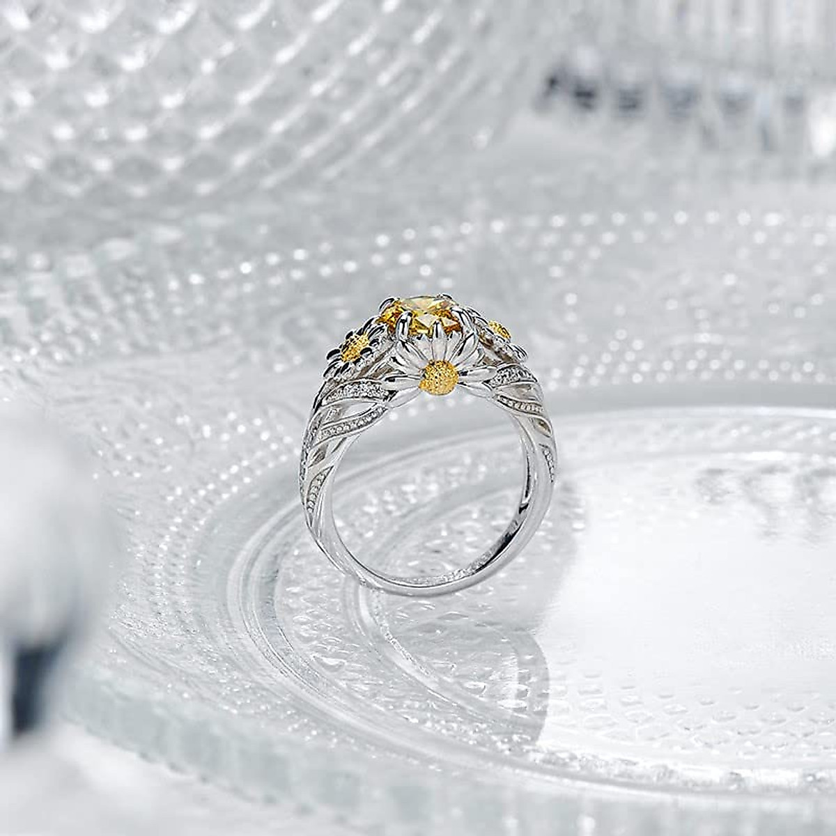 Jewels Store 2.5 Ct Round Cut Citrine Yellow Diamond Sunflower Design Engagement Ring in 925 Sterling Silver White Gold Finish (Silver, 5)