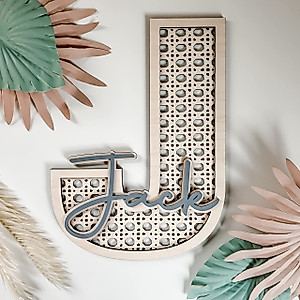 Custom Boho Wood Personalized Initial & Name Sign, 3D Layered Letter Handmade Rattan Wall Decor for Nursery or Child's Bedroom - Baby Shower, Newborn, Girl or Boy's Birthday Gift