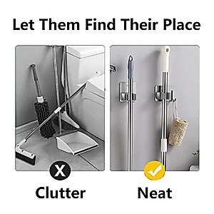 (4 PCS) Broom Holder Wall Mount self Adhesive Mop Hanger Hook Racks Brush Broom Gripper Holds 304 Stainless Steel for Bathroom Kitchen Closet Garage Garden Organizer