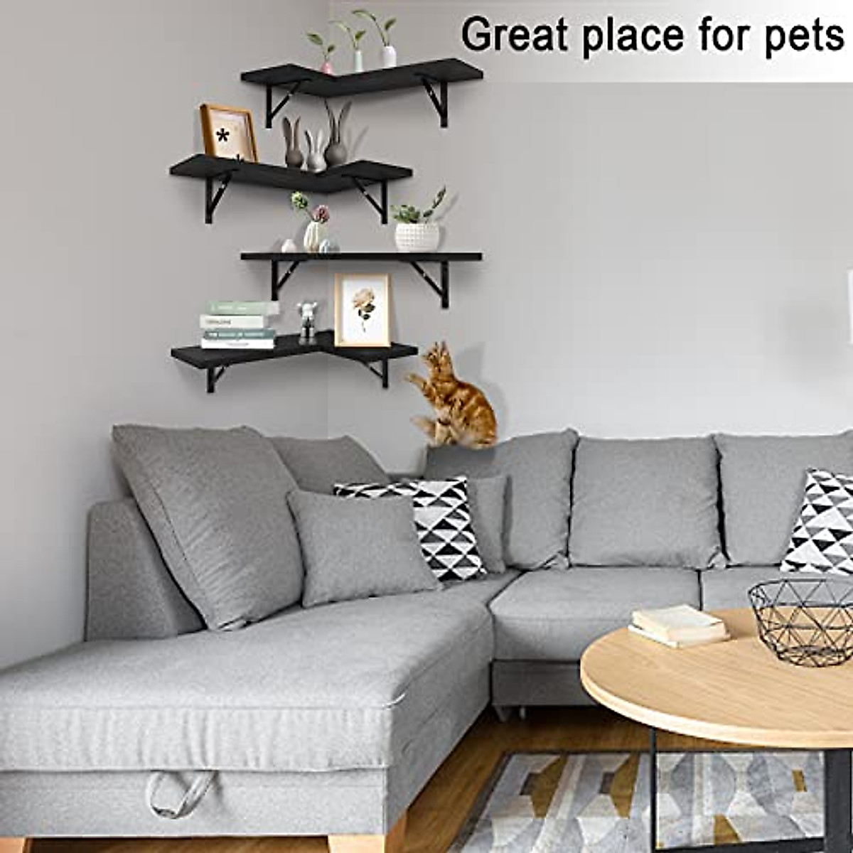 RayLove Corner Floating Shelves Wall Mounted Set of 4,Wood Corner Wall Shelves for Bedroom, Living Room, Bathroom, Kitchen, Office, BLACK001