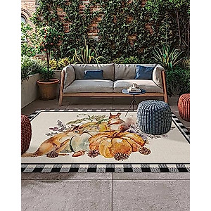 Thanksgiving Fall Pumpkin Squirrel Outdoor Area Rug 4x6ft,RV Camping Rugs Watercolor Leaves Black Lattice Outside Mat Rubber Backing Carpet for Indoor Outdoor Patio Deck Porch Balcony