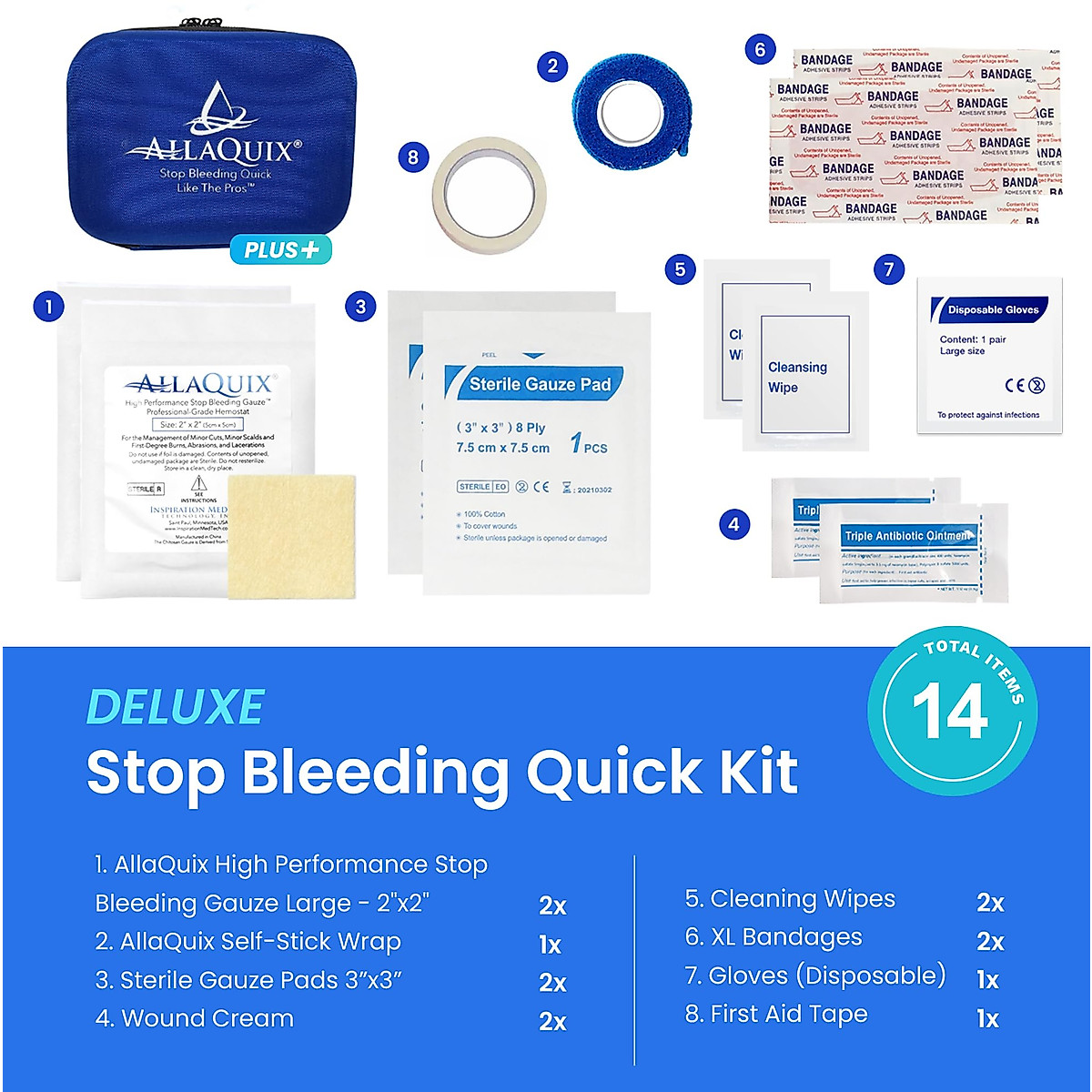 Stop Bleeding Quick Kit - First-aid with AllaQuix Stop Bleeding Gauze (Blood clotting Bandage) (Deluxe)…