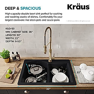 KRAUS Forteza™ 33” Dual Mount 60/40 Double Bowl Granite Kitchen Sink in Black with WasteGuard™ Continuous Feed Garbage Disposal, KGD-50BL-100-75MB