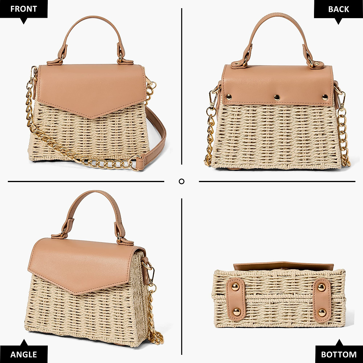 Like Dreams Fashion Chic Woven Straw Crossbody for Women Gold Chain Link Inner Plaid Fashion Summer Purse (Taupe)