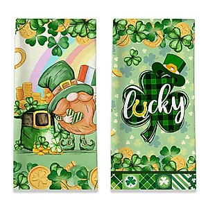 Unibyby St Patricks Day Kitchen Towels, St Patricks Day Towels Set of 2, St Patrick's Day Dish Tea Towels for Bathroom with Leprechaun Gnomes Shamrocks Lucky Decorations for Home (18x28 Inches)