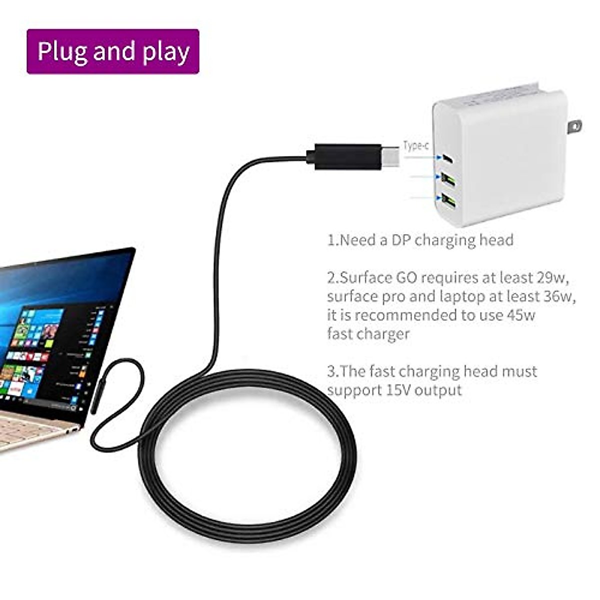 USECL Surface Connect to 65W USB-C Charging Cable Compatible with Microsoft Surface Go. Pro 7/6/ 5/4/ 3, Surface Book1/2,Surface Laptop1/2, Male USB-C Connector Black Cord 1.8Mtr(5.9FT). (Male)